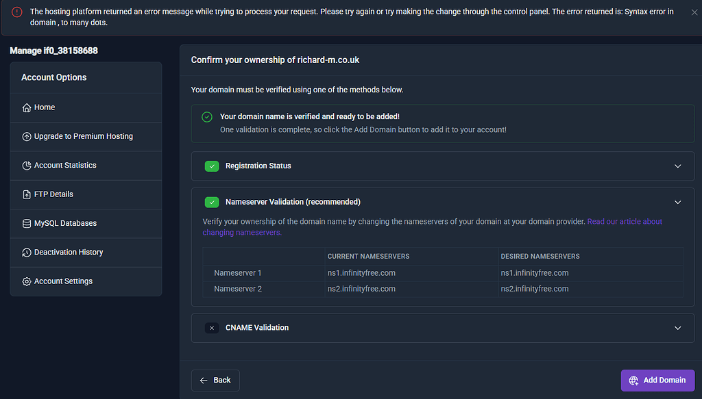 Unable to add domain to hosting, "too many dots" - Hosting Support ...