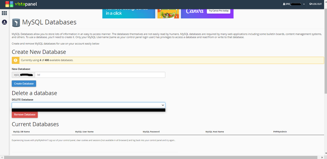 Can't create MySQL database - Hosting Support - InfinityFree Forum